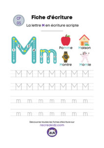 Lettre M | Écriture minuscule / majuscule en script & cursive (attaché ...
